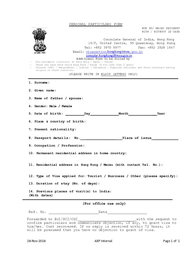 Fillable Online PERSONAL PARTICULARS FORM (For office use only) Ref ... Fax Email Print - pdfFiller
