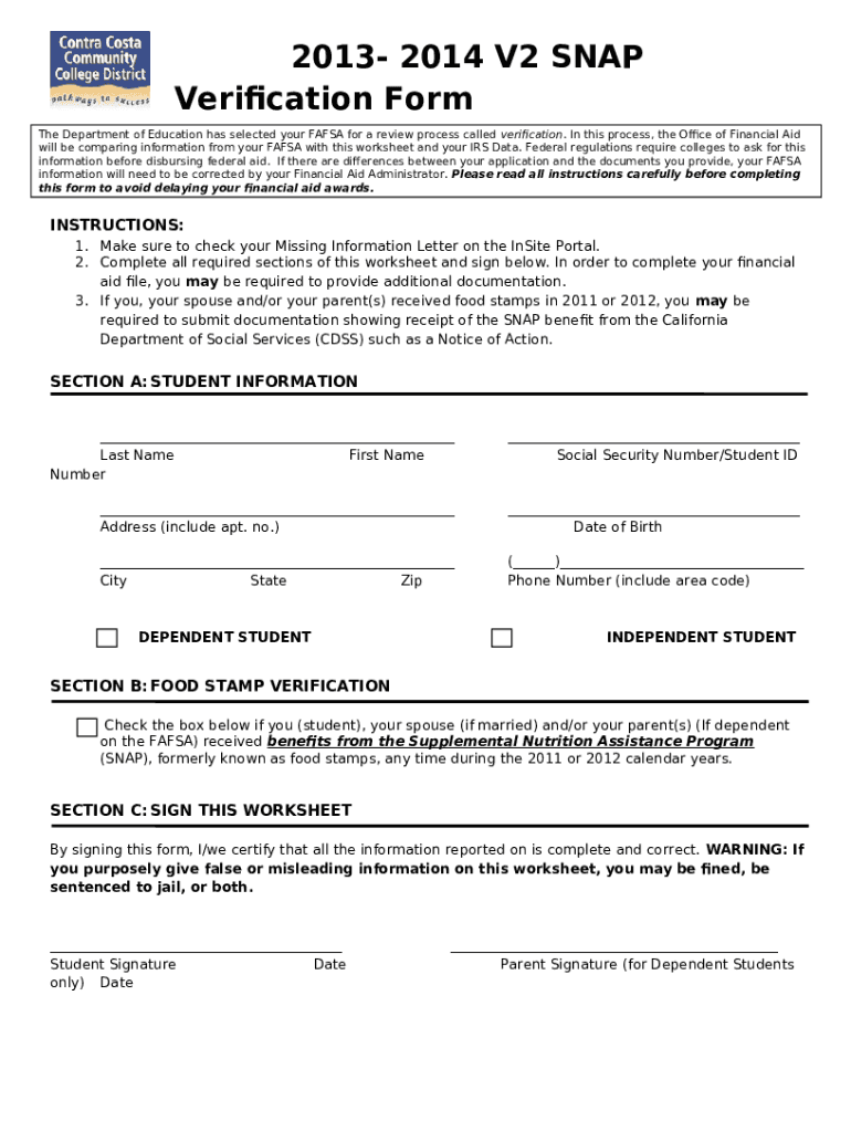 2013- 2014 V2 SNAP Verification ... Doc Template | pdfFiller