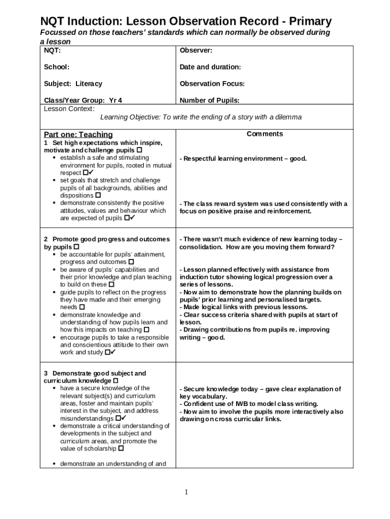 Induction Lesson Observation - primary. NQT Doc Template | pdfFiller