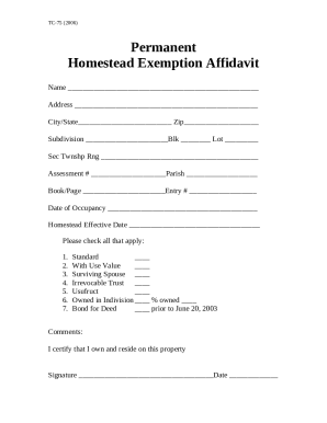 Permanent Homestead Exemption Affidavit Doc Template | pdfFiller