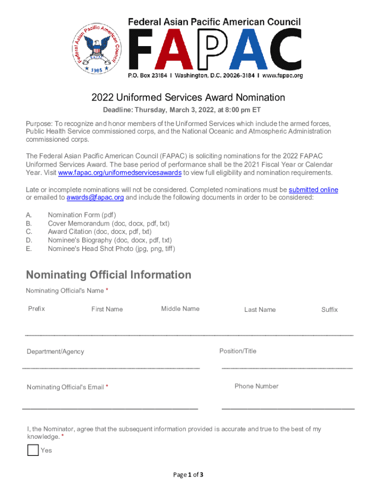 Fillable Online Excellence in Service Uniformed Services Public Service Award Fax Email Print ...