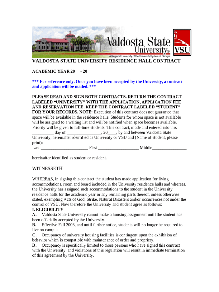 valdosta state university residence hall contract Doc Template | pdfFiller