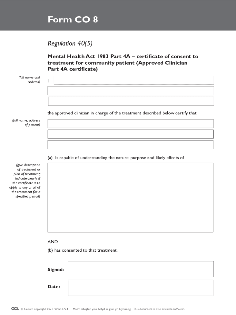 Fillable Online 41724 - Mental Health Act Form CO8. 41724 - Mental Health Act Form CO8 Fax Email ...
