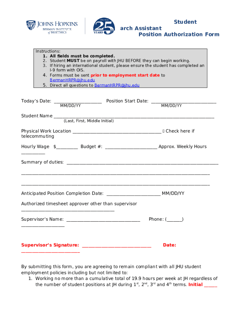 Student Research Assistant Position Authorization Doc Template | pdfFiller