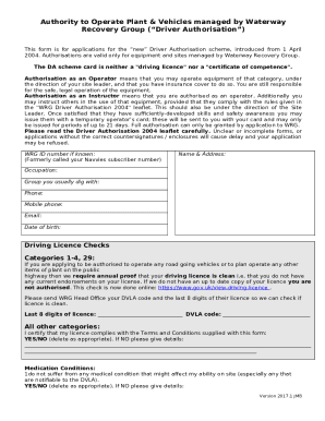 Driver Authorisation application - waterways org Doc Template | pdfFiller