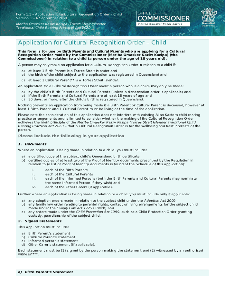 Child Application Cultural Recognition Order. Legal recognition of Torres Strait Islander ...