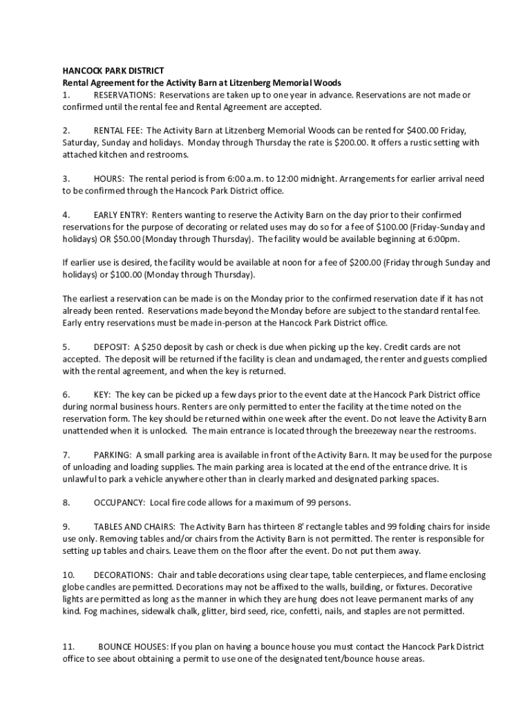 Fillable Online Rental Agreement for the Activity Barn at Litzenberg ...