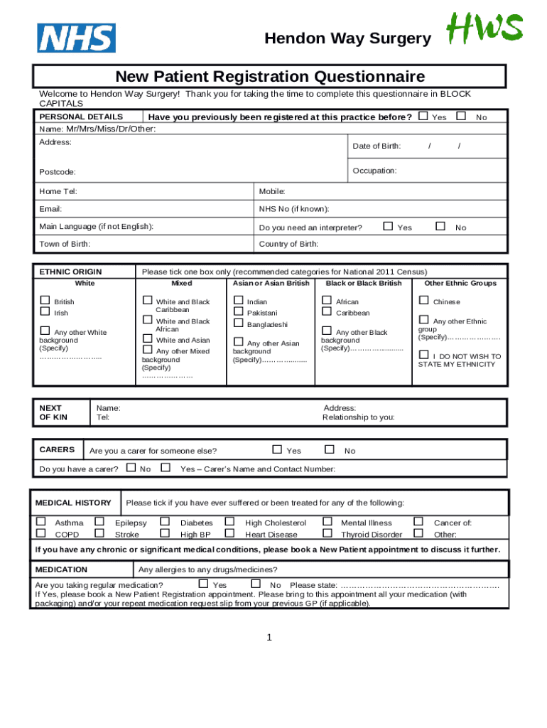 Hendon Way Surgery New Patient Registration Questionnaire Doc Template ...
