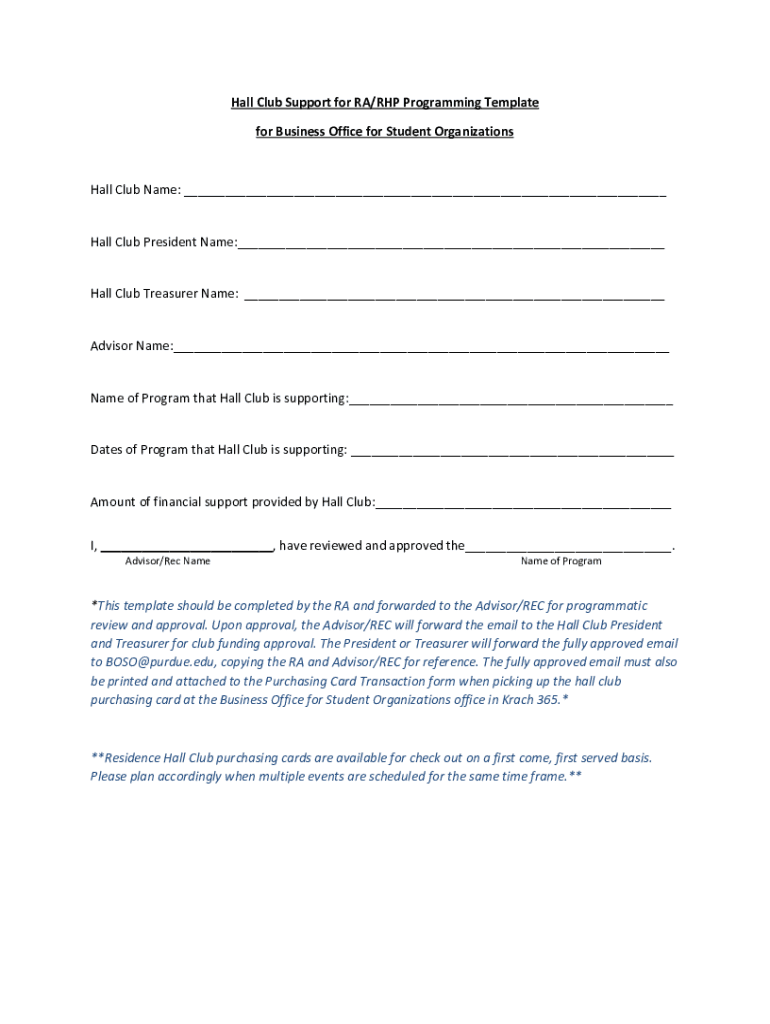 Fillable Online Hall Club Support for RA/RHP Programming Template Fax ...