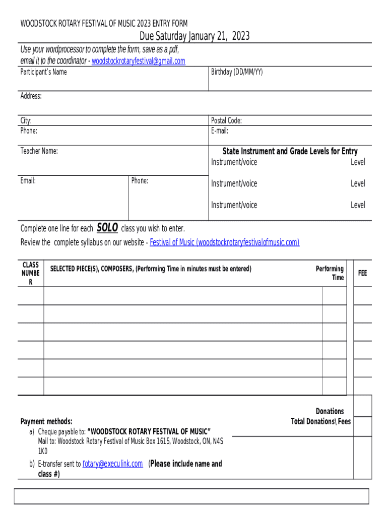 WOODSTOCK ROTARY FESTIVAL OF MUSIC 2023 ENTRY Doc Template | pdfFiller