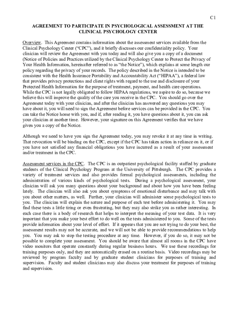 Fillable Online psychology pitt agreement to participate in psychological assessment at the Fax ...