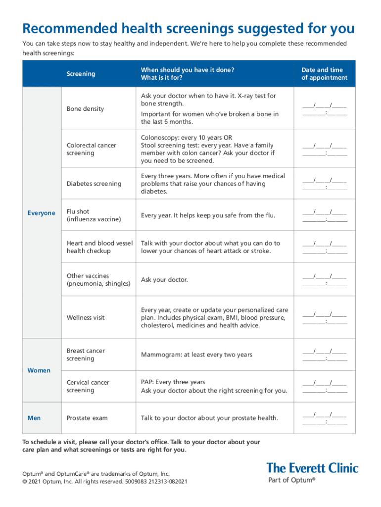 Fillable Online Recommended Health Screenings for all Life's Stages Fax ...