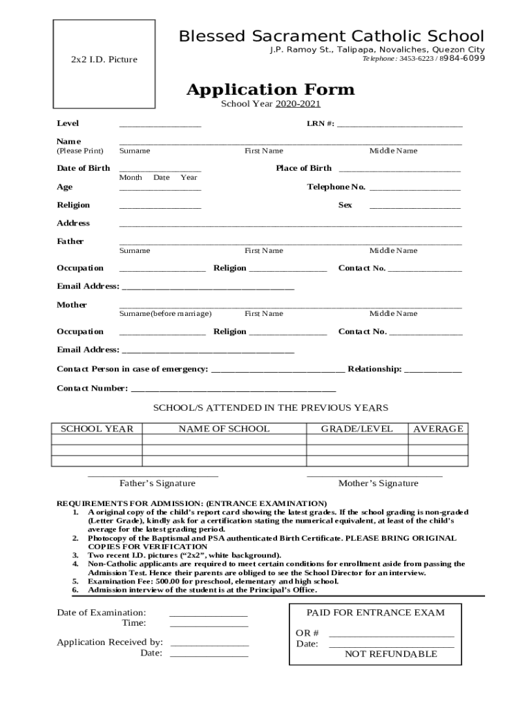 Admission - Blessed Sacrament Catholic School Doc Template | pdfFiller
