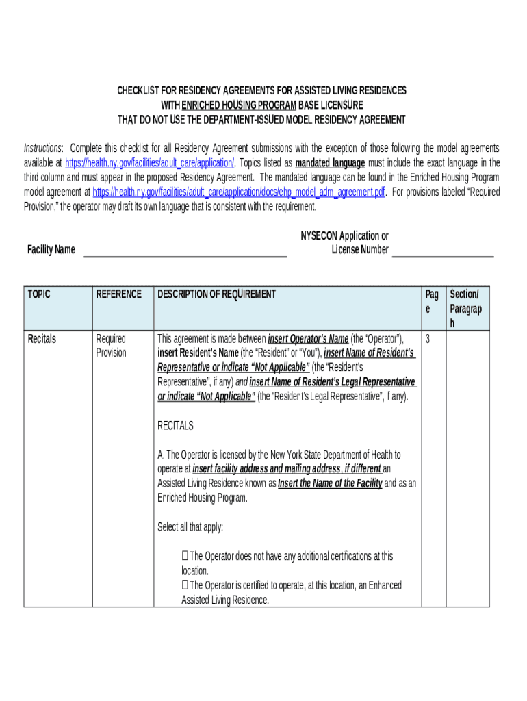 EHP Residency Agreement Checklist. Residency Agreement Checklist Doc ...