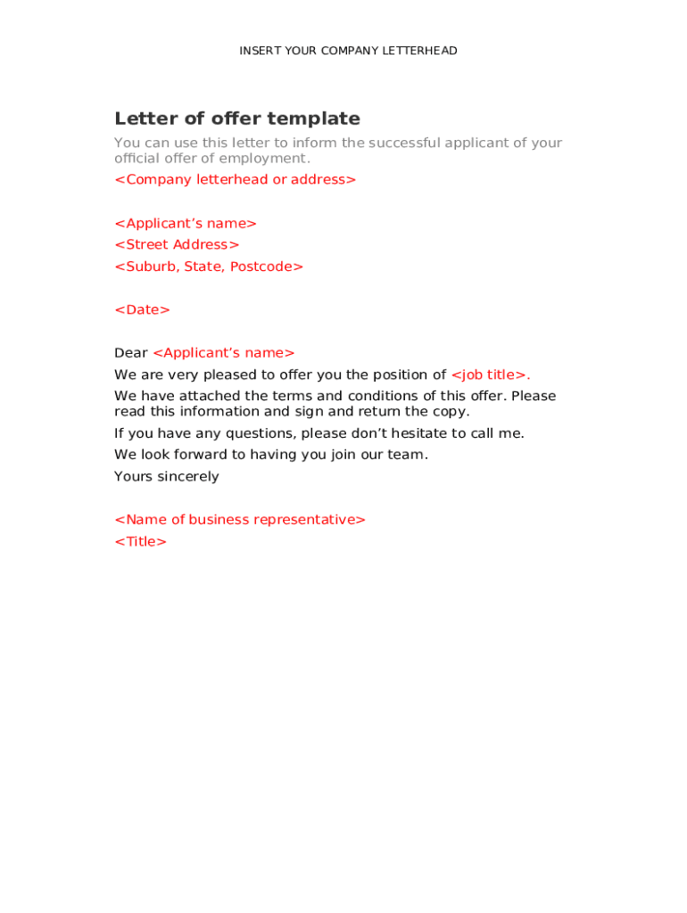 Letter of offer template Doc Template | pdfFiller