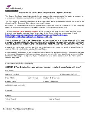 Application for Replacement Degree Certificate - Students Doc Template | pdfFiller