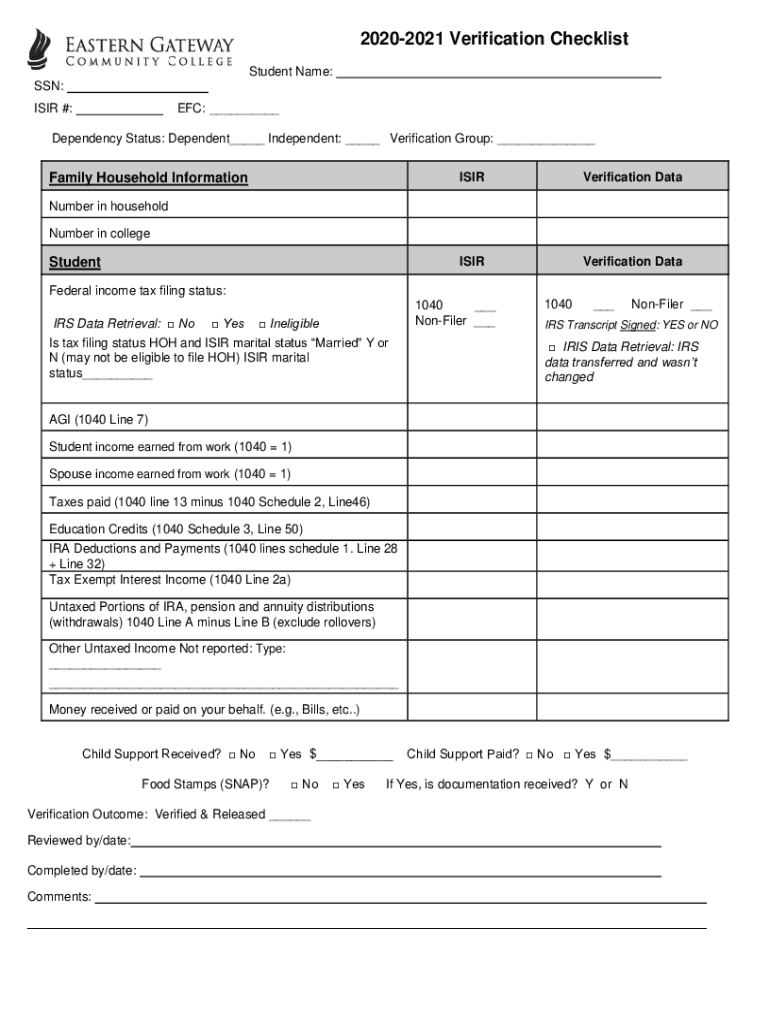Fillable Online Independent Verification Worksheet (V1) 2020-2021 Call 1 ... Fax Email Print ...