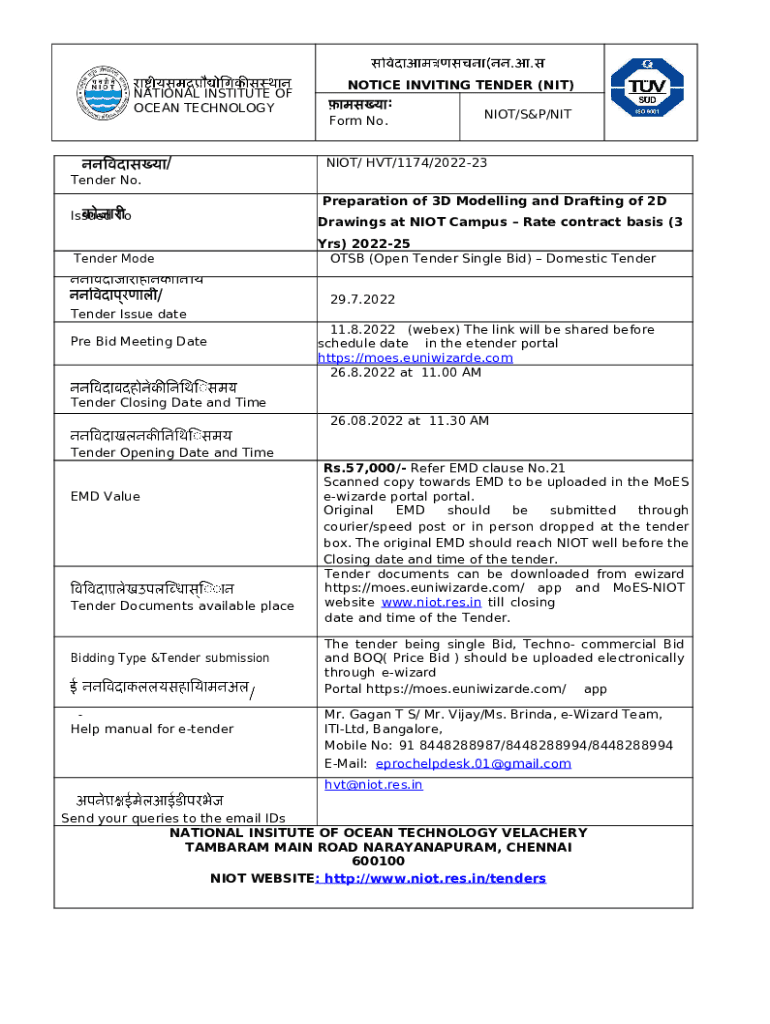 NOTICE INVITING TENDER (NIT) - No. NIOT/S&P/NIT Doc Template | pdfFiller