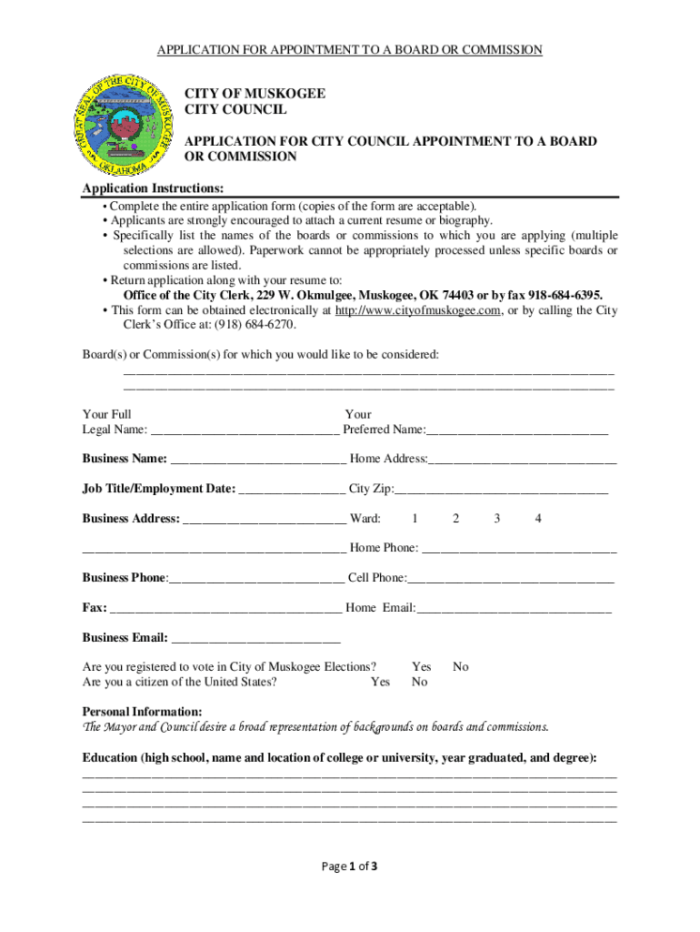 Fillable Online APPLICATION FOR APPOINTMENT TO A BOARD ... - Revize Fax Email Print - pdfFiller