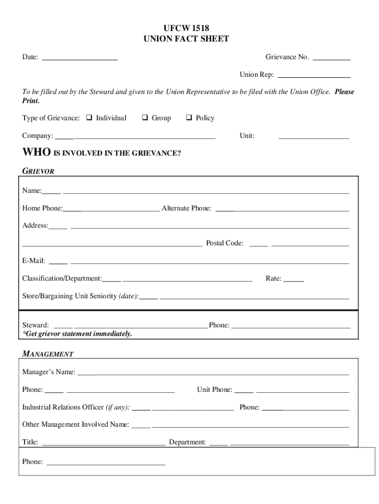 Fillable Online UFCW 1518 UNION FACT SHEET Fax Email Print - pdfFiller