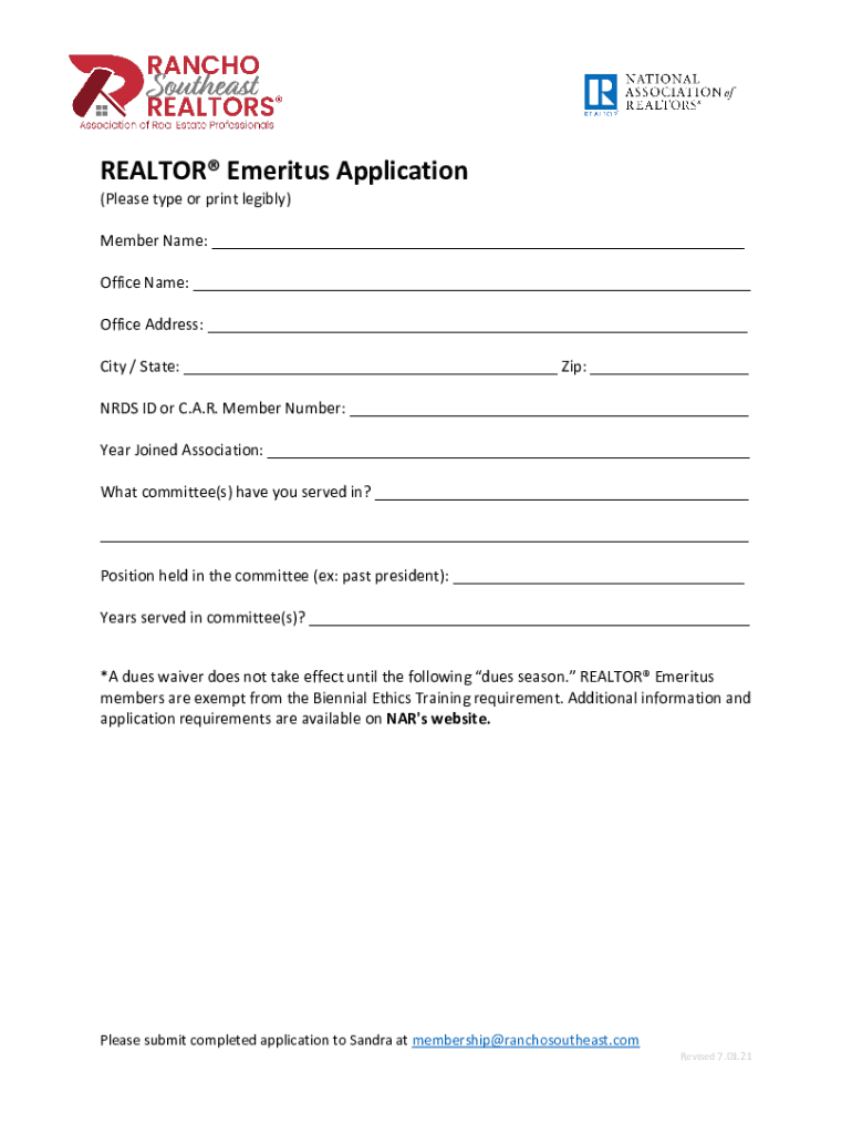 Fillable Online Application for REALTOR Emeritus Status Fax Email Print - pdfFiller