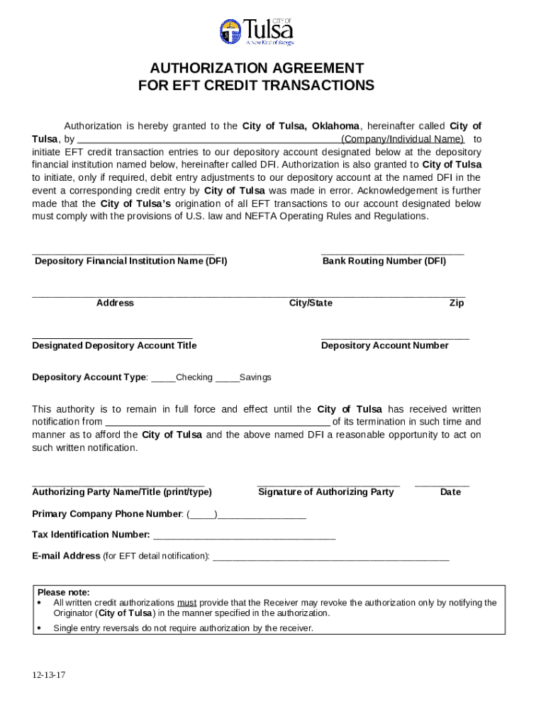 authorization agreement for eft credit transactions - City of Tulsa Doc Template | pdfFiller