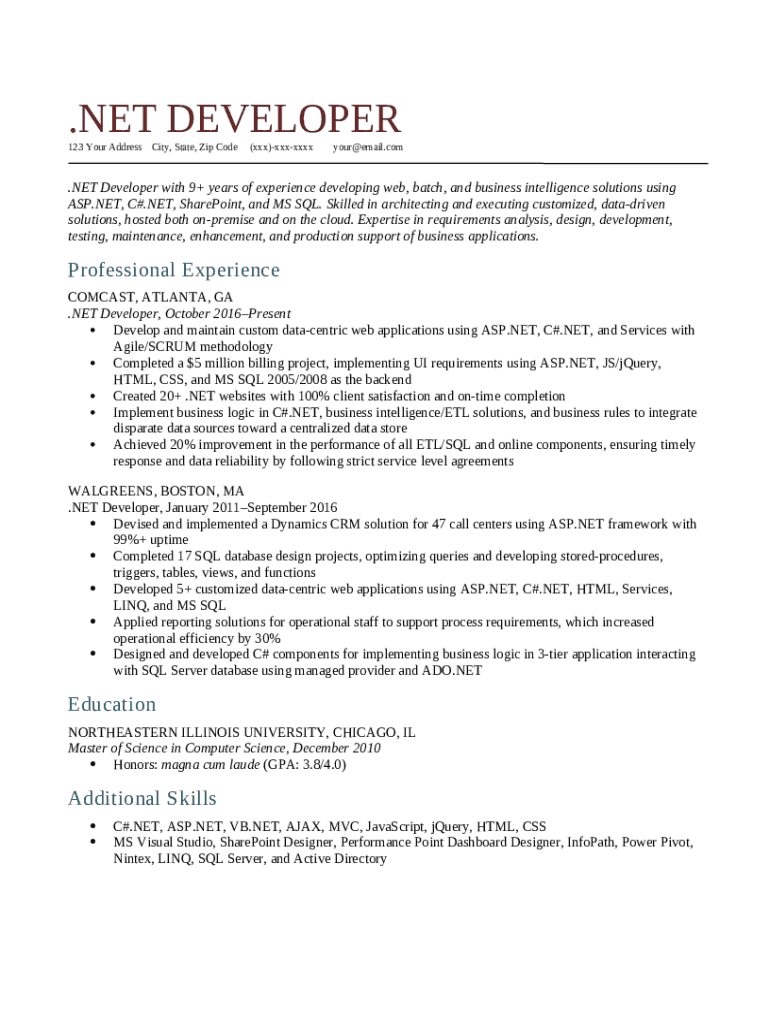 CV for .NET developer - sample CV - Career Ride Doc Template | pdfFiller