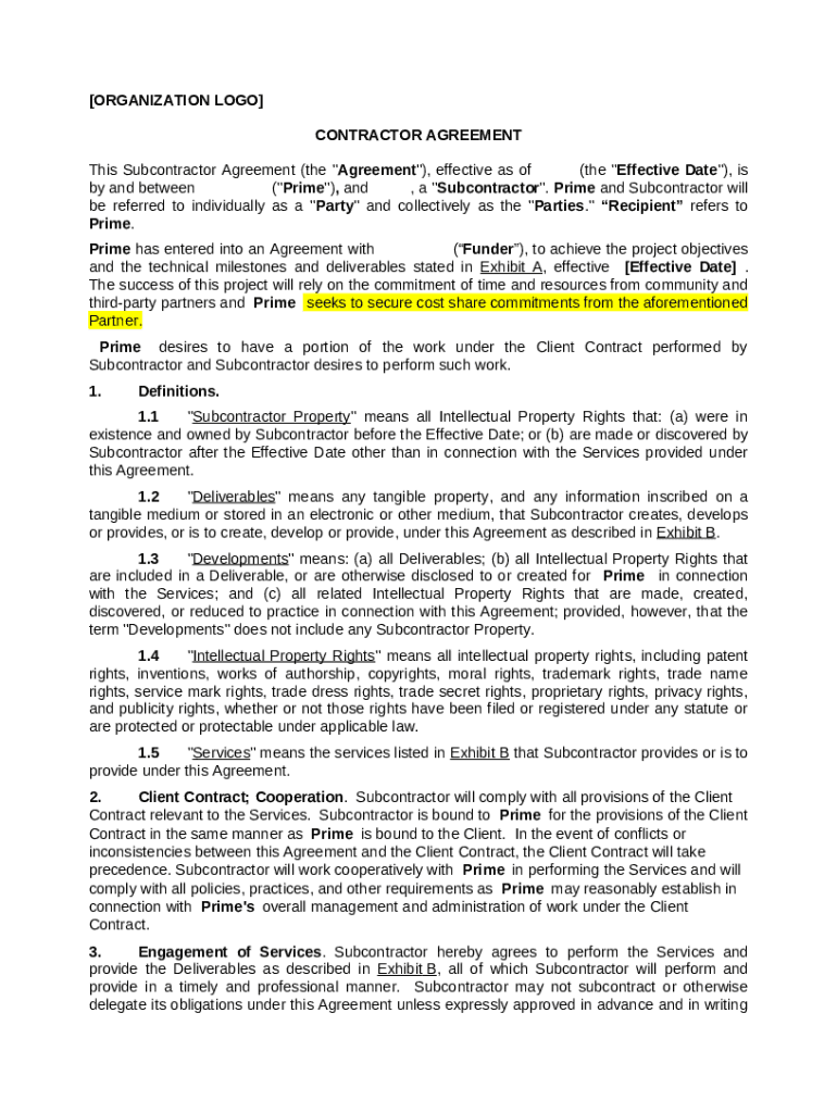 Subcontractor Agreement - Blank Fillable Template | Fill Out, Print ...