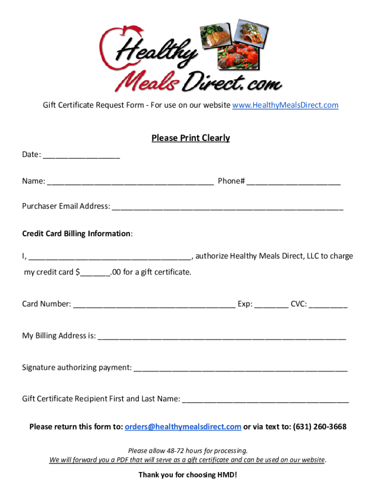 Fillable Online Gift Certificate Request Form 2022 - Healthy Meals Direct Fax Email Print ...