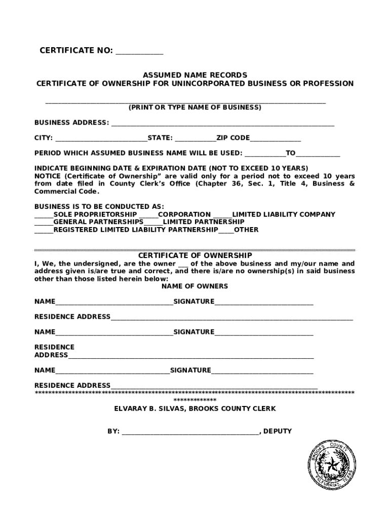 Assumed Name Record (DBA) Certificate of Ownership for ... Doc Template ...