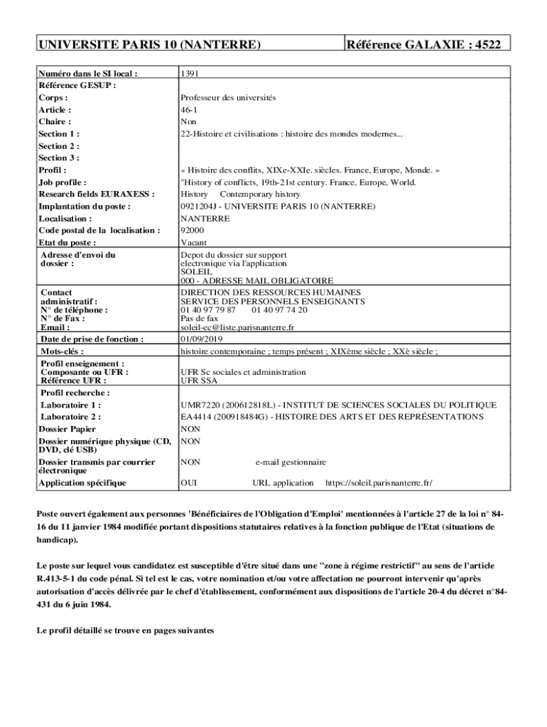 Fillable Online UNIVERSITE PARIS 10 (NANTERRE) Rfrence ... Fax Email ...