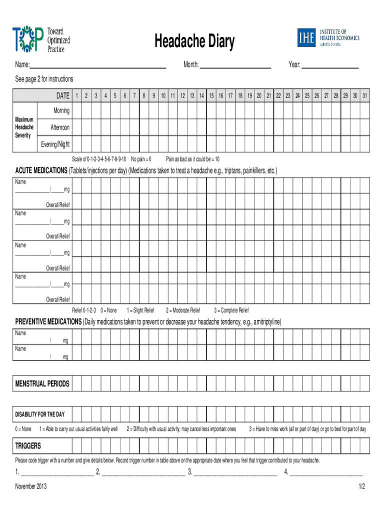 Fillable Online Headache DiaryAlberta Health Services Fax Email Print ...