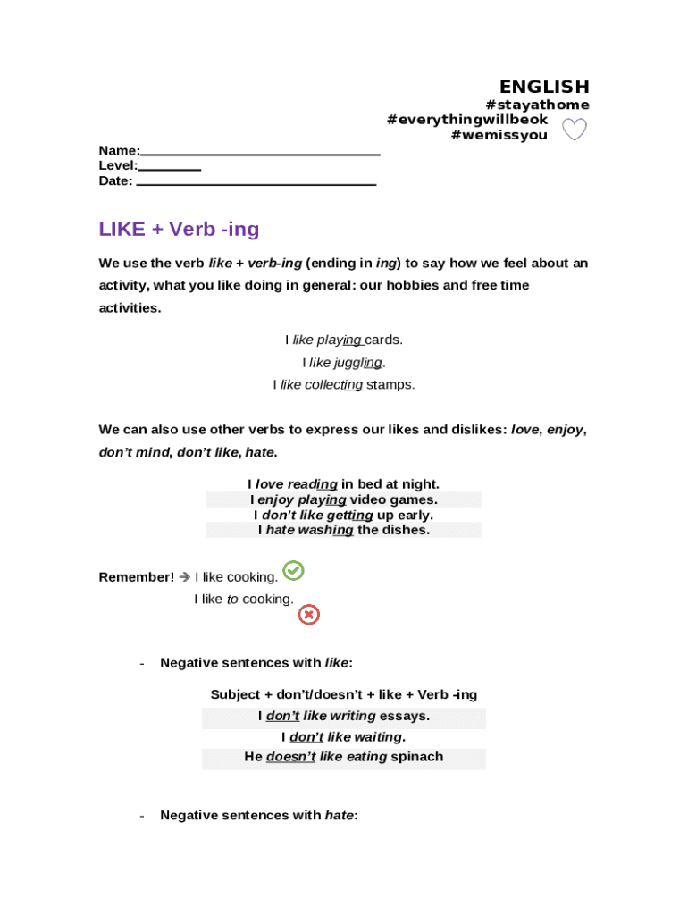 LIKE + Verb -ing Doc Template | pdfFiller