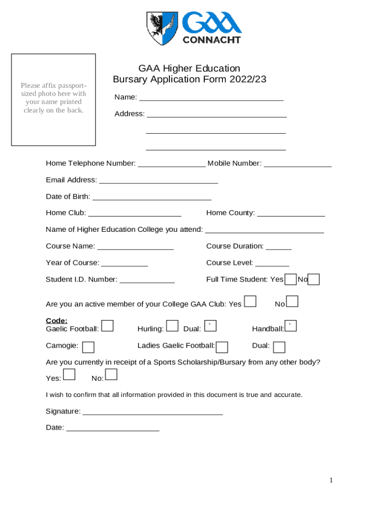 GAA Higher Education Bursary Application - Leitrim GAA Doc Template | pdfFiller