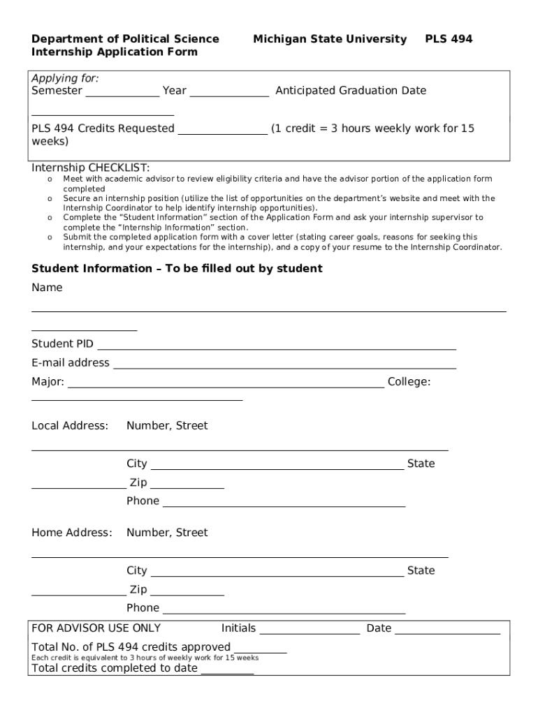 PLS 494 Internship Application - polisci msu Doc Template | pdfFiller