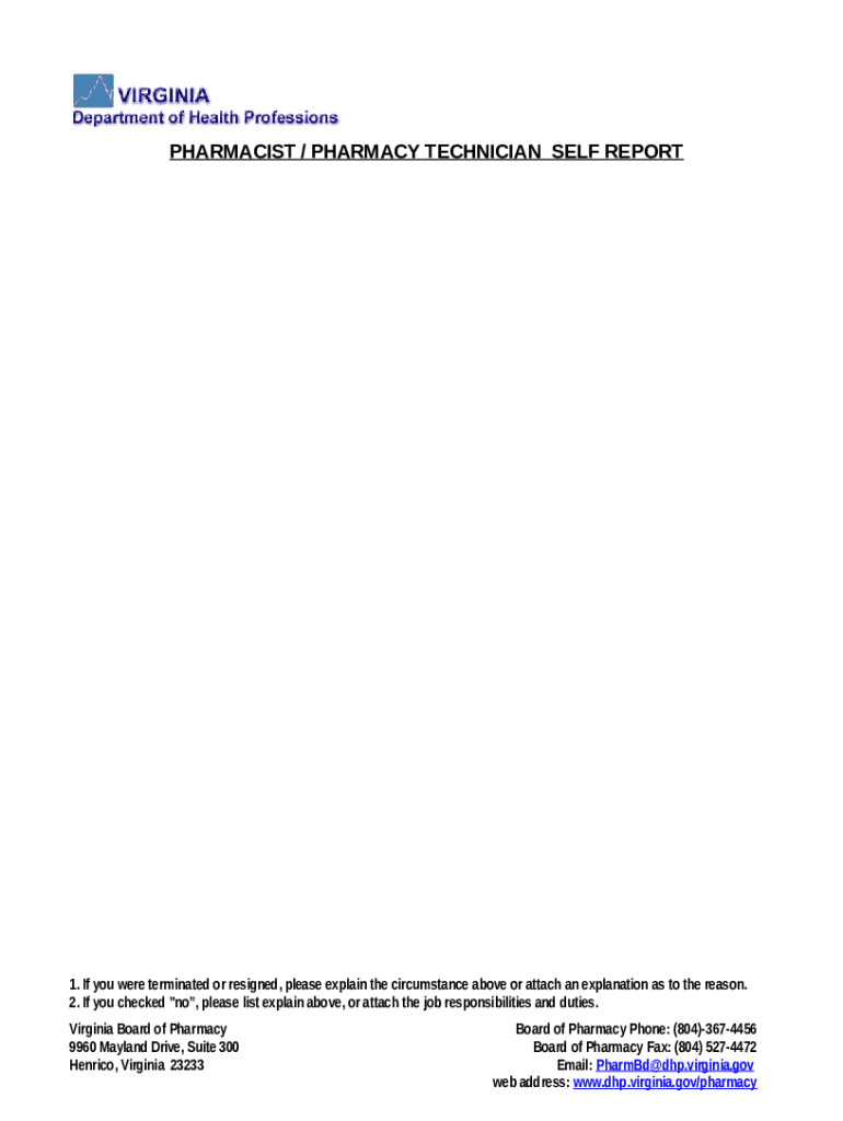 Self Report - Pharmacist or Pharmacy Tech Doc Template | pdfFiller