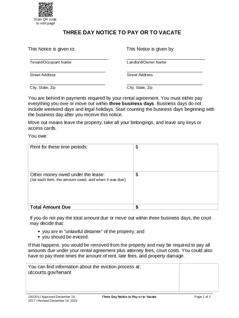 THREE DAY NOTICE TO PAY OR TO VACATE - Utah Courts Doc Template | pdfFiller