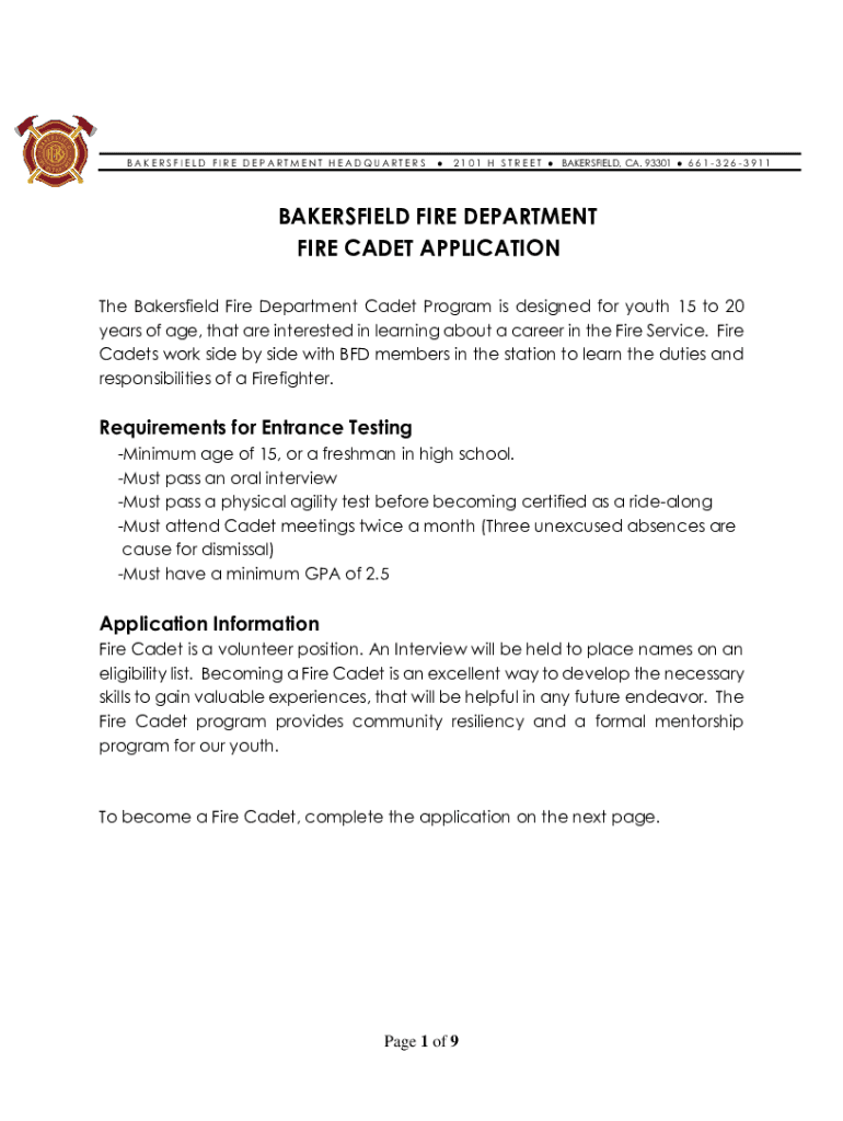 Fillable Online BAKERSFIELD FIRE DEPARTMENT FIRE CADET APPLICATION Fax Email Print - pdfFiller