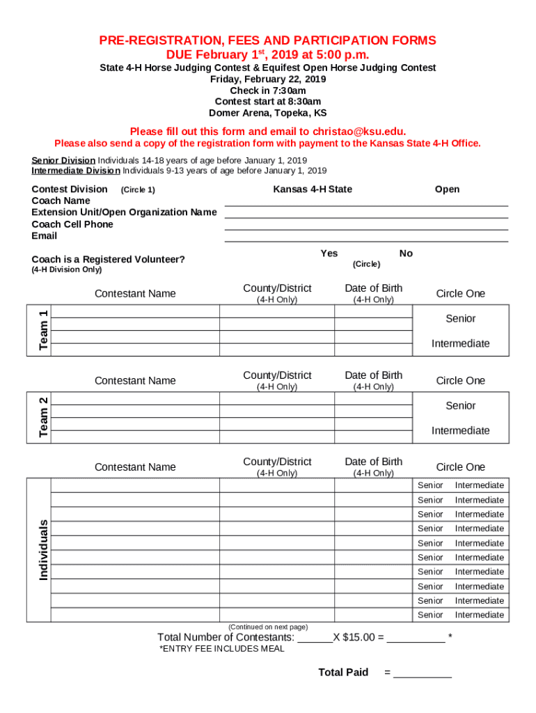 Kansas 4-H Horse Judging Pre-Registration Doc Template | pdfFiller