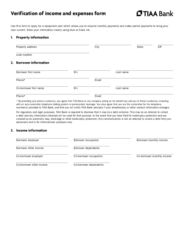 Fillable Online Verification of income and expenses form - TIAA Bank ...