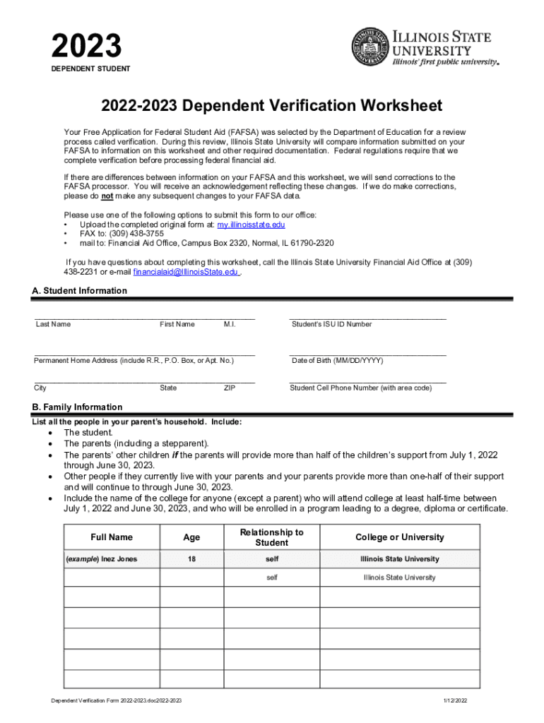 Fillable Online financialaid illinoisstate 20222023 Dependent Verification Worksheet Federal ...