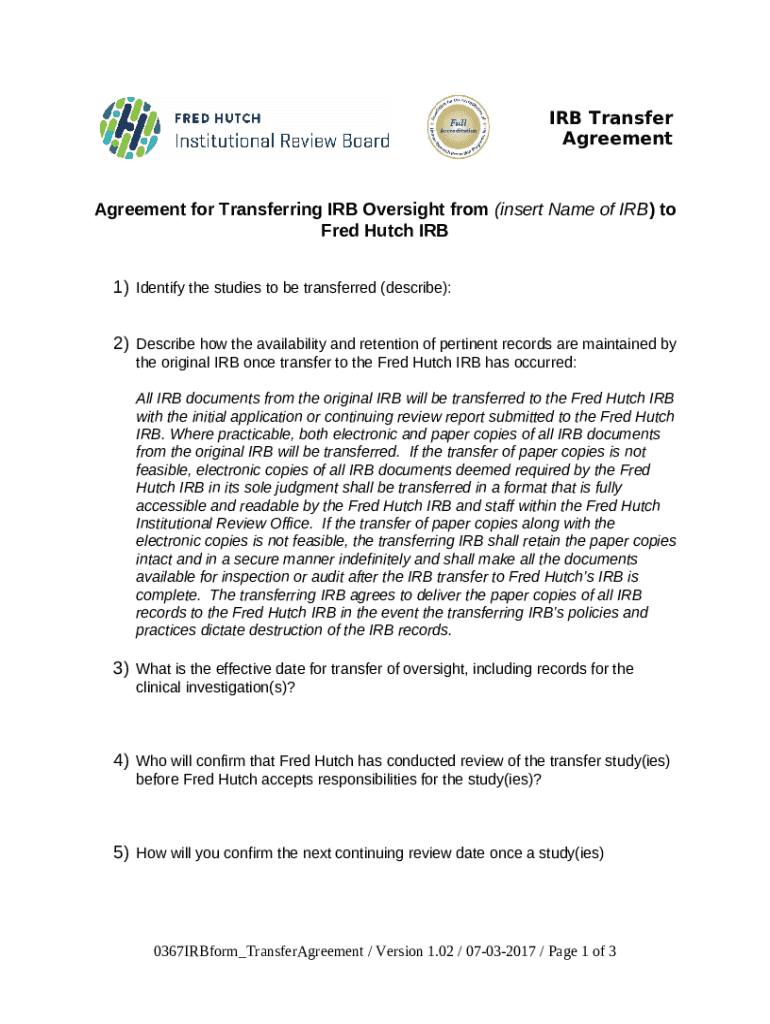 IRB Transfer Agreement - Fred Hutch Extranet Doc Template | pdfFiller