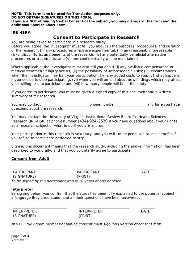 SAMPLE SHORT WRITTEN CONSENT DOCUMENT FOR SUBJECTS WHO DO NOT SPEAK ...