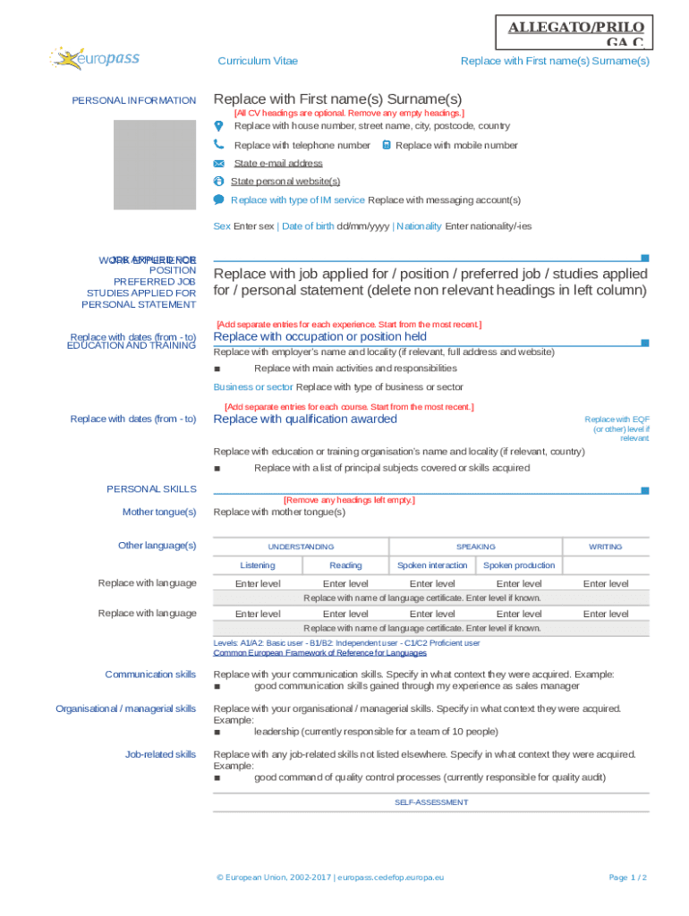 Template Europass CV - Paperzz.com Doc Template | pdfFiller