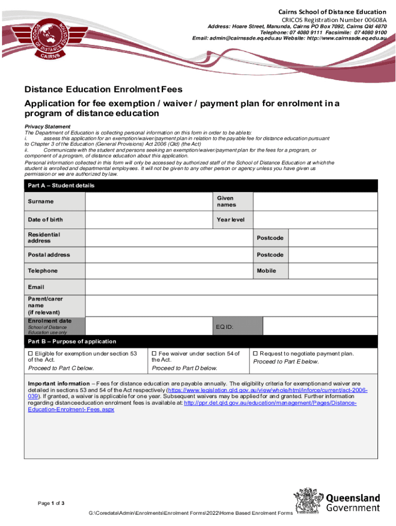 Fillable Online cairnssde eq edu 2020 - Application for fee exemptionwaiverpayment plan Form ...