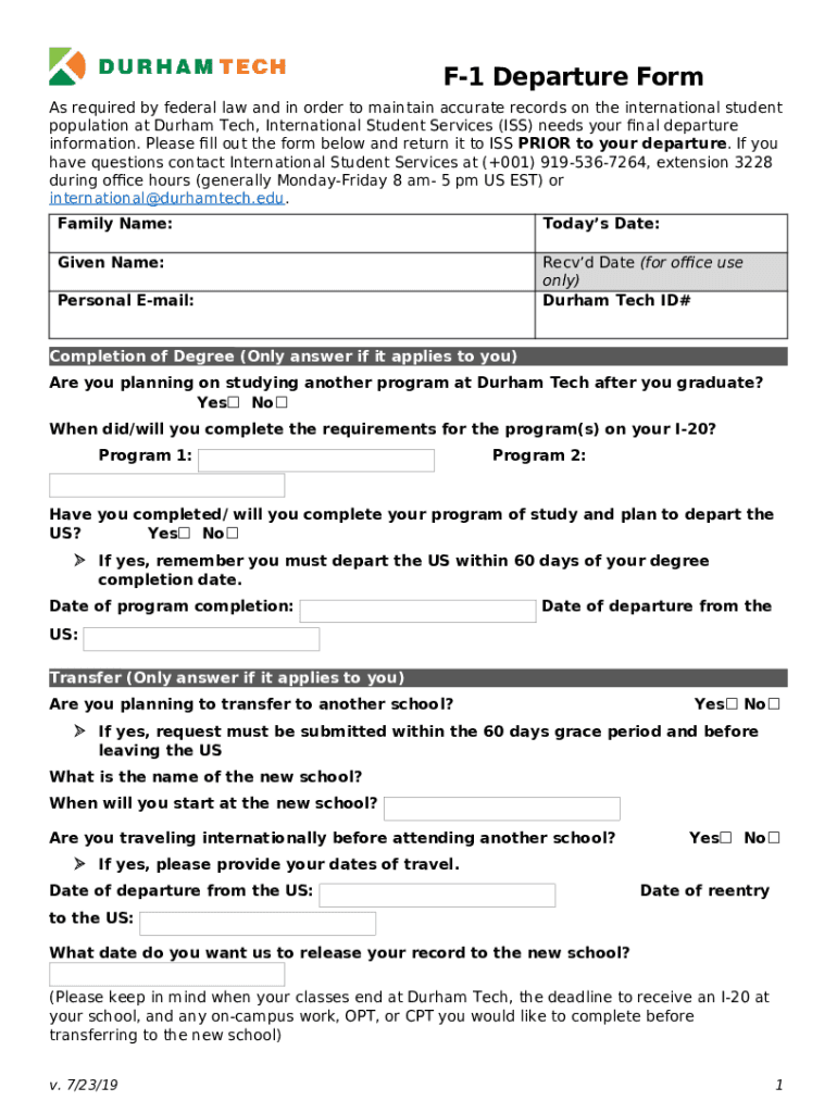 F-1 Departure Doc Template | pdfFiller