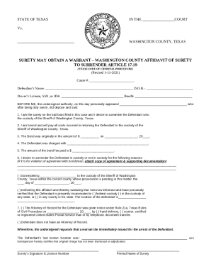 AFFIDAVIT OF SURETY TO SURRENDER AND ISSUANCE ... Doc Template | pdfFiller