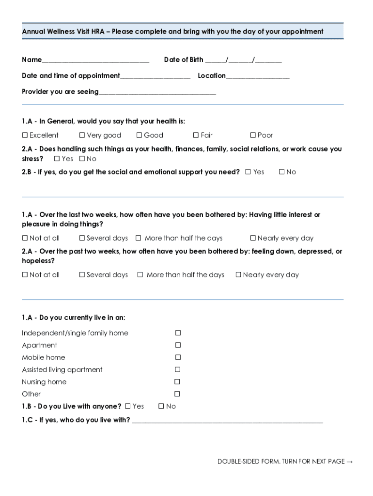 Fillable Online annual wellness visit - health risk assessment(hra) Fax ...