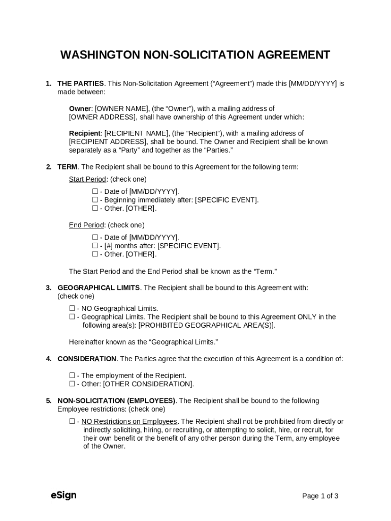 Washington Non-Solicitation Agreement Template Doc Template | pdfFiller