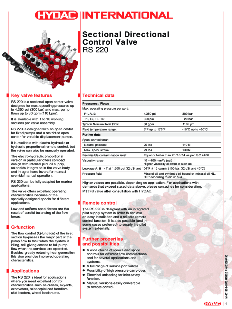 Fillable Online 100 liter sectional control valve, PC100 , one spool ...